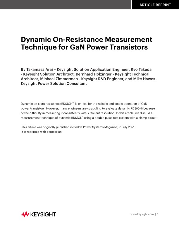 Dynamic On-Resistance Measurement Technique for GaN Power Transistors PDF Asset Page | Keysight